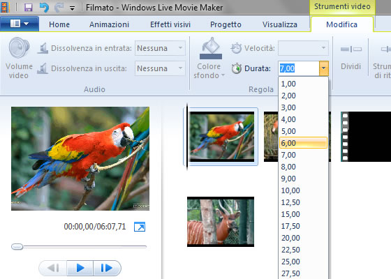 Assegnare una durata video ed effetti visivi ad un file immagine ...